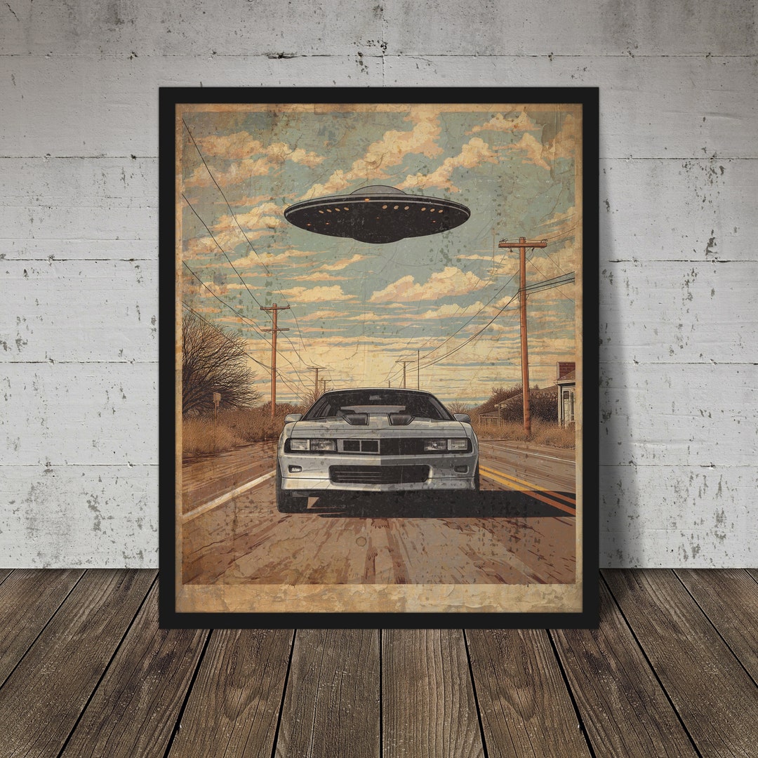 UFO Alien Sports Car Poster Print, Flying Saucer Vintage Racer Home ...