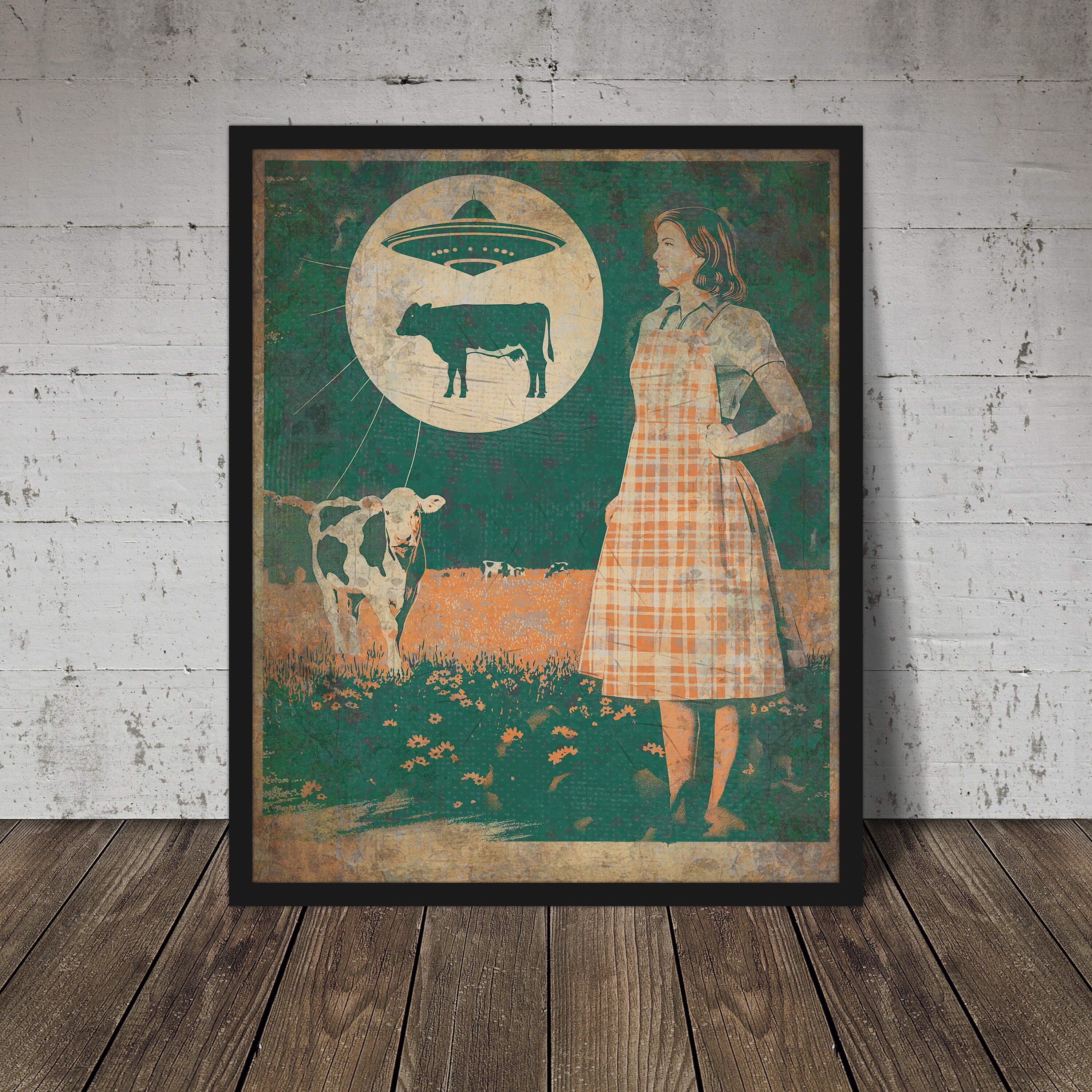 UFO COW ABDUCTION Poster, Western Americana Art, Retro Sci-fi Wall ...