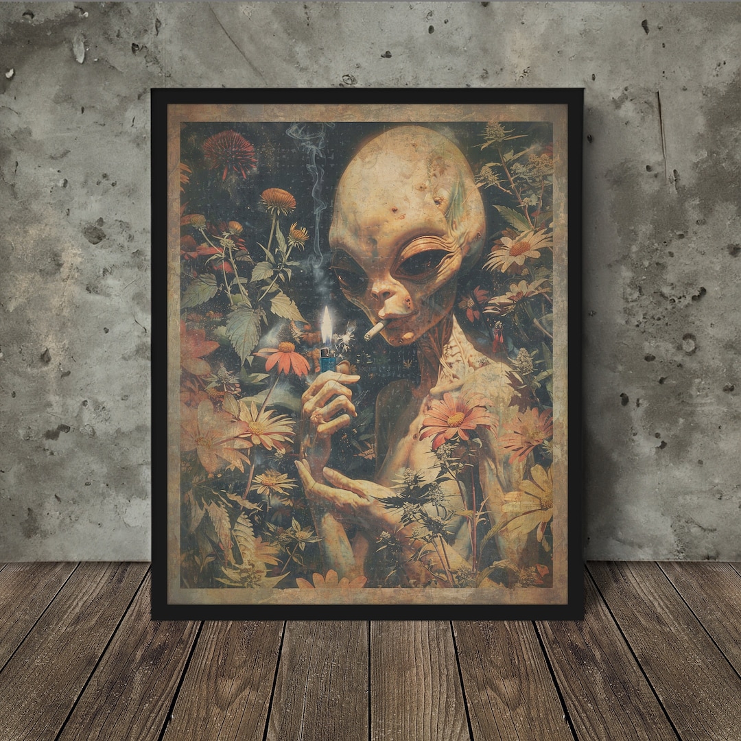 Retro ALIEN CANNABIS Fine Art, CRYPTID Smoke Wall Art, Vintage 420 ...