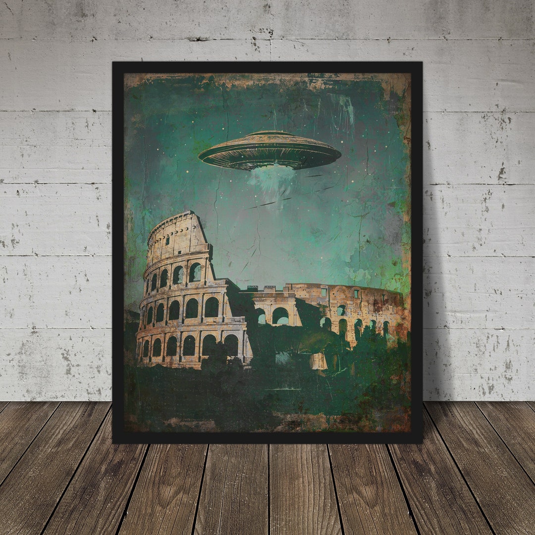 UFO ROME ITALY Wall Art, Flying Saucer Travel Poster, Retro Sci-fi ...