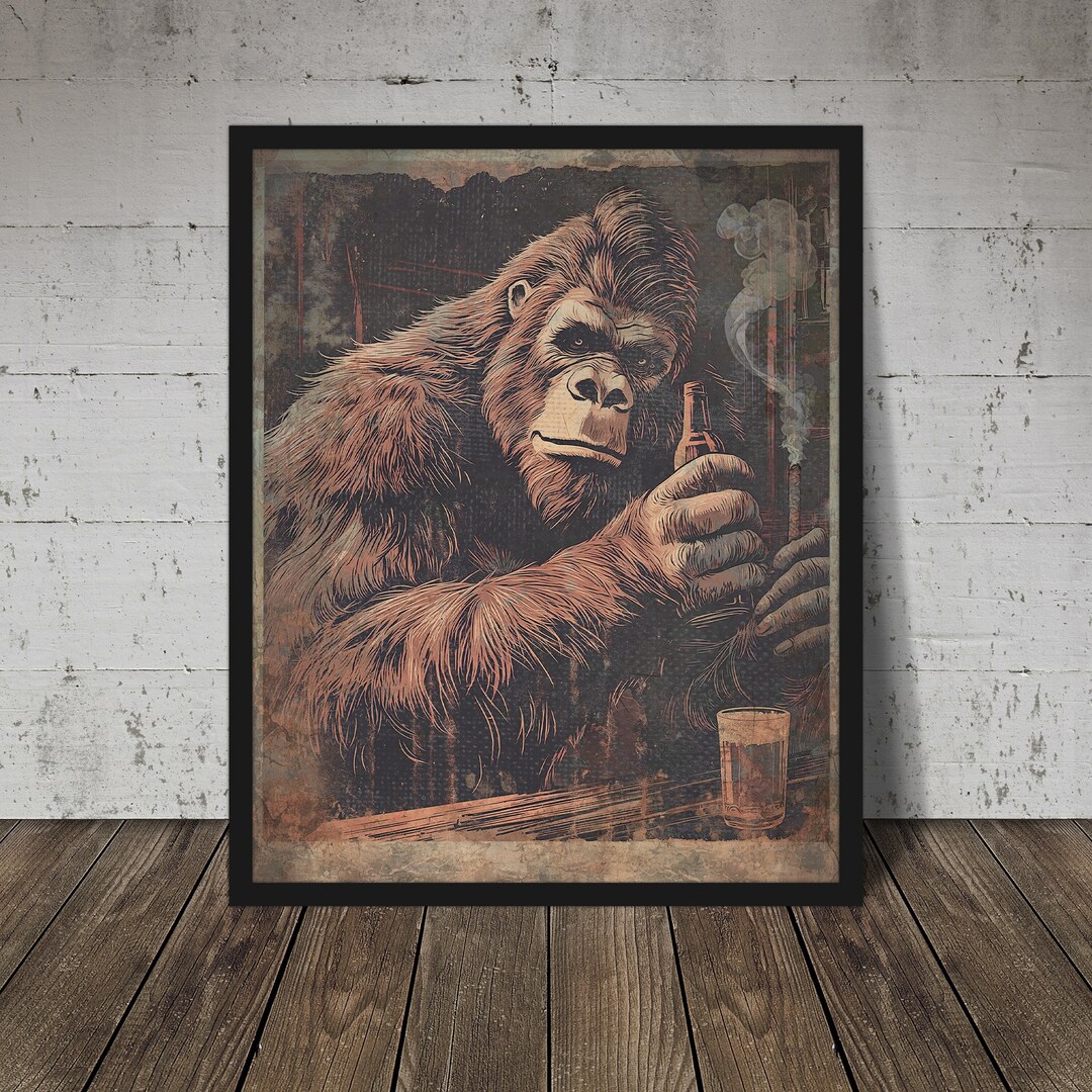 BIGFOOT ART PRINT, Retro Sasquatch Beer Poster, Cryptid Yeti Decor, Bar ...