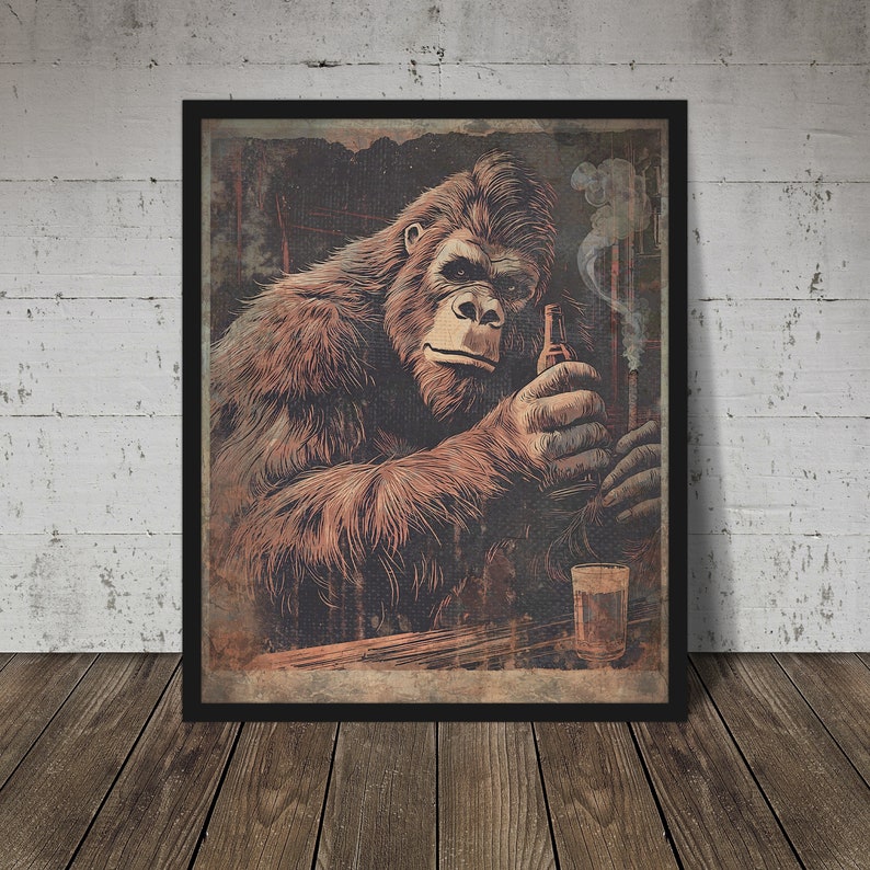 BIGFOOT ART PRINT, Retro Sasquatch Beer Poster, Cryptid Yeti Decor, Bar ...