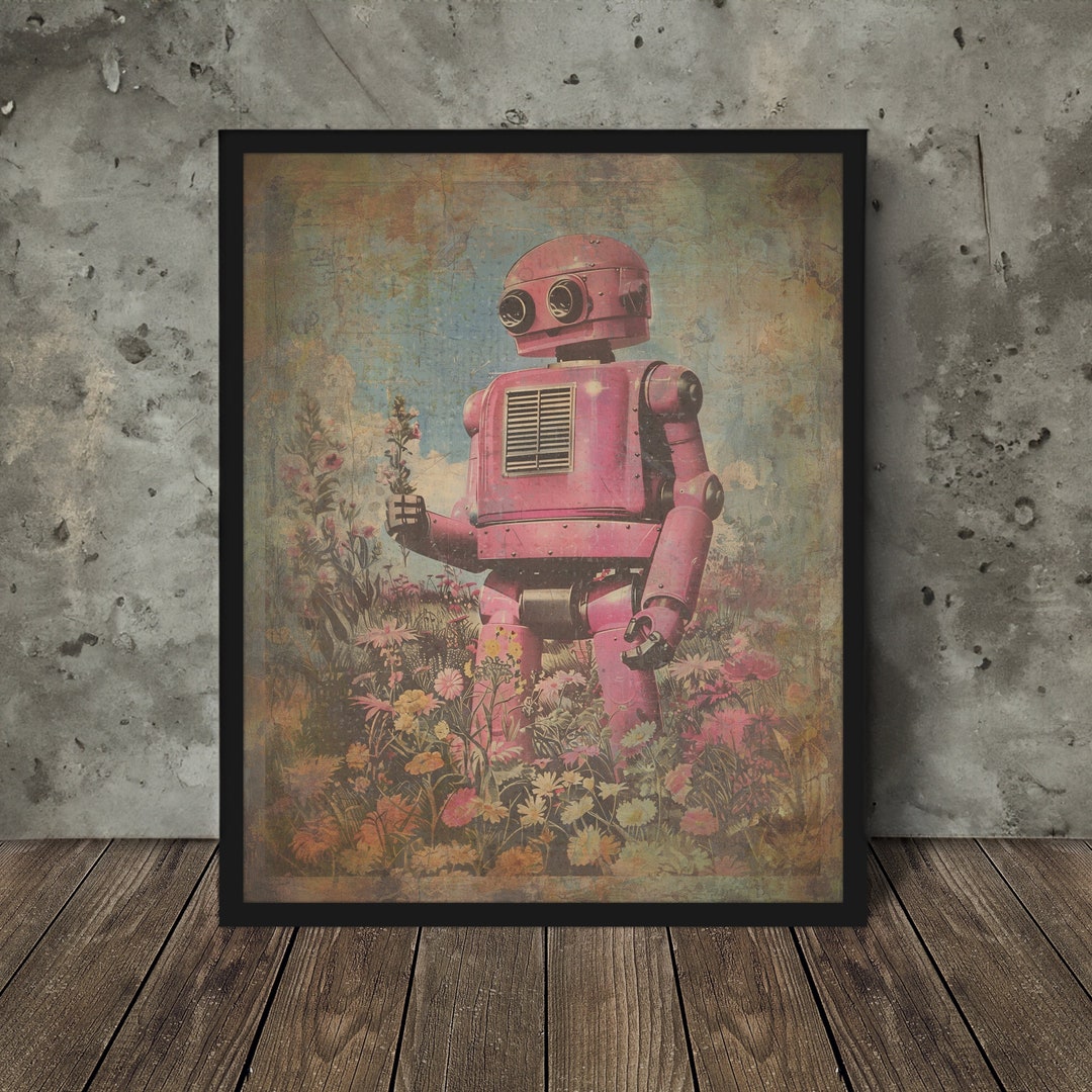 PINK RETRO ROBOT Flowers Wall Art, Rustic Robotic Home Decor, Science ...