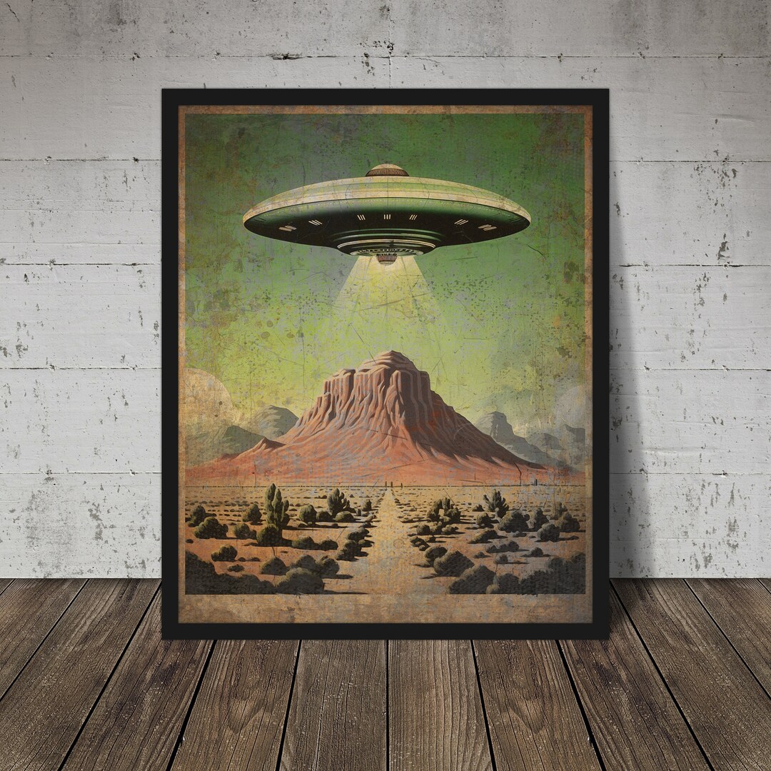 UFO ART Retro Poster, Retro Sci-fi Wall Art, UFO Vintage Desert Poster ...