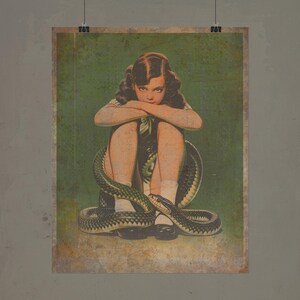 Retro SNAKE GIRL Wall Art, Vintage Snake Art Print, Retro Girl Pet ...