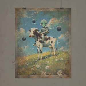 ALIEN COW PALS Wall Art, Retro Sci-fi Print, Cow Abduction Poster, Ufo ...