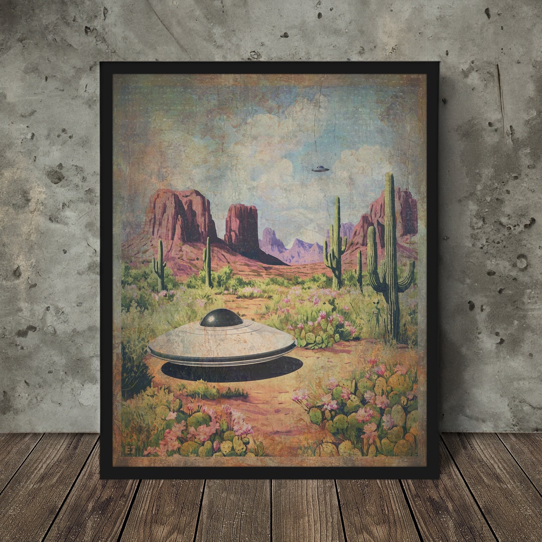 ALIEN UFO Cactus Flower Wall Art, Southwest Desert Cactus Floral Flying ...