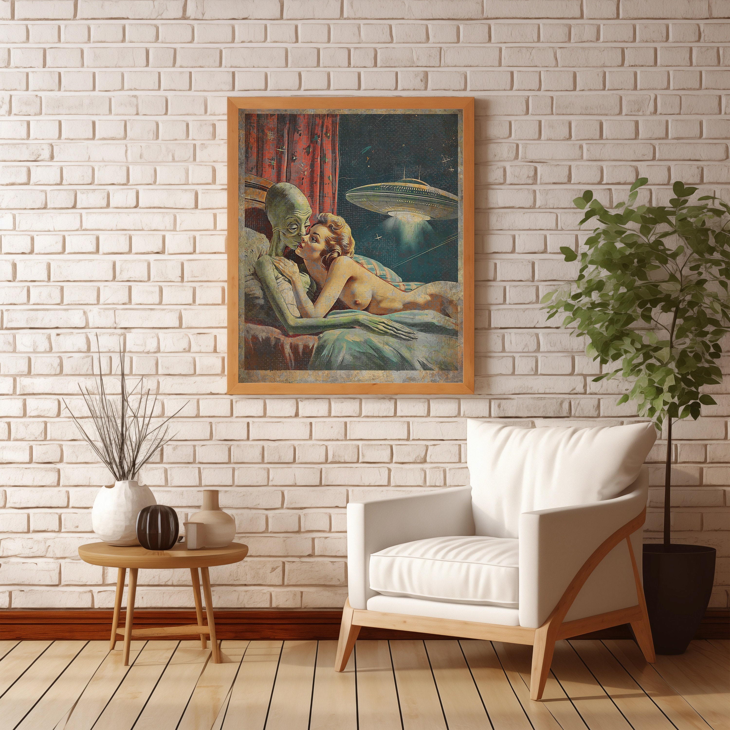 ALIEN LOVERS ART Retro Girl Poster, Flying Saucer Ufo Lovers, Scifi Alien Anniversary, Cryptid ...