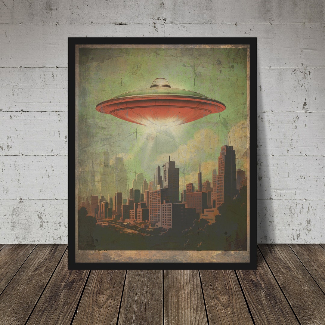 Retro UFO CITYSCAPE Wall Art, Flying Saucer Poster Print, Vintage Sci ...