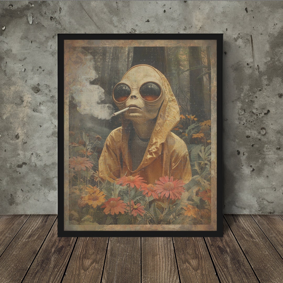 Retro ALIEN CANNABIS Fine Art, CRYPTID Smoke Wall Art, Vintage 420 ...