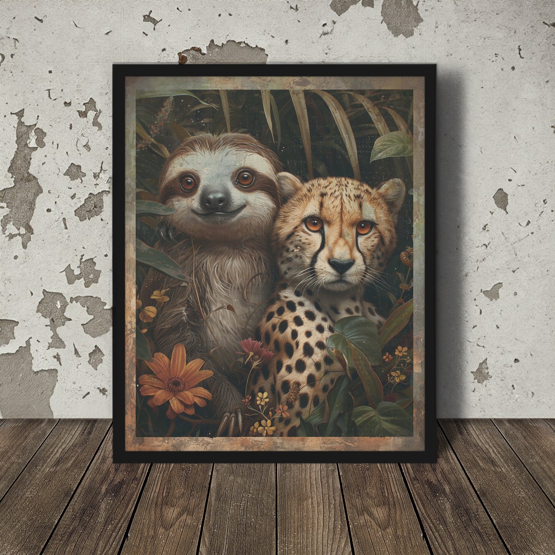 Retro SLOTH CHEETAH Friend Wall Art, Animal Friends Teamwork Vintage ...