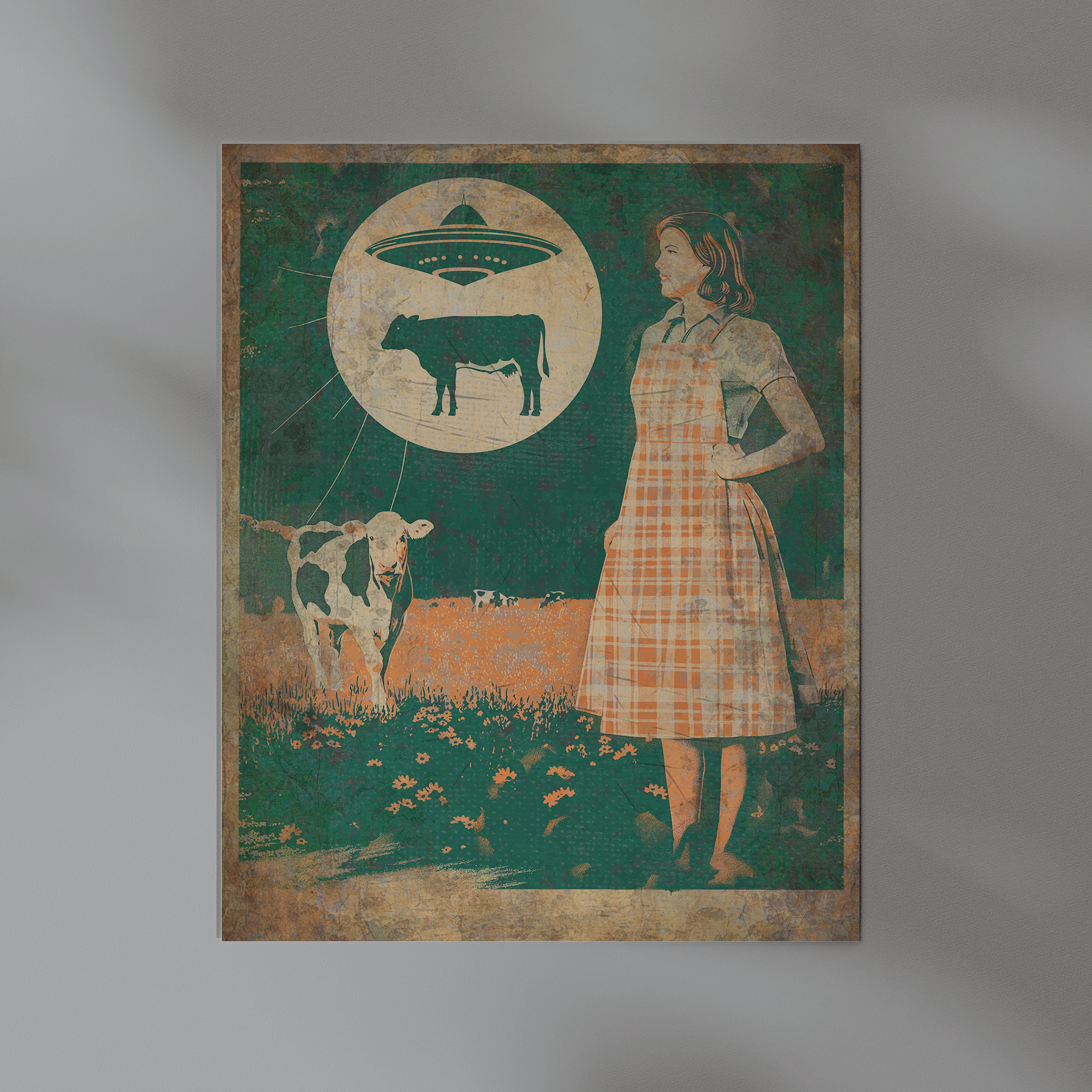 UFO COW ABDUCTION Poster, Western Americana Art, Retro Sci-fi Wall ...