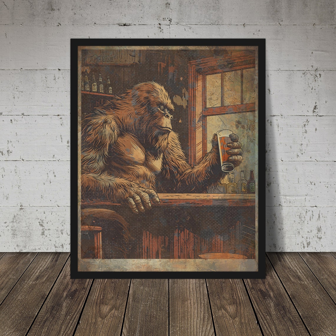 BIGFOOT ART PRINT, Retro Sasquatch Poster, Cryptid Yeti Wall Decor, Beer Bar Drink Art ...
