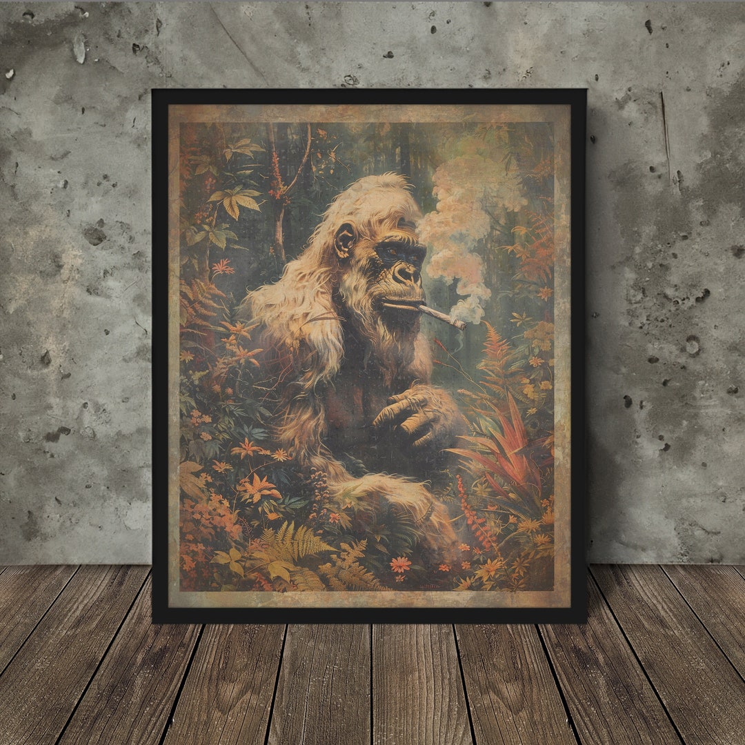 Retro SASQUATCH SMOKE Fine Art, Cannabis BIGFOOT Cigar Wall Art ...