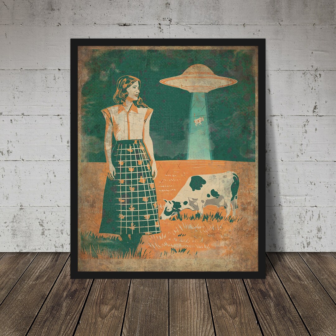 UFO COW ABDUCTION Poster, Western Americana Art, Retro Sci-fi Wall ...