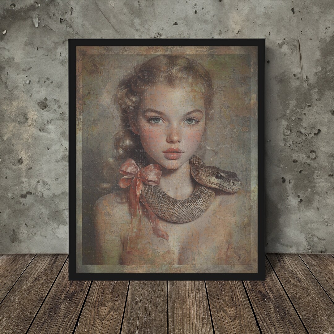 Retro SNAKE GIRL Wall Art, Snake Charmer Python Girl Poster, Vintage ...