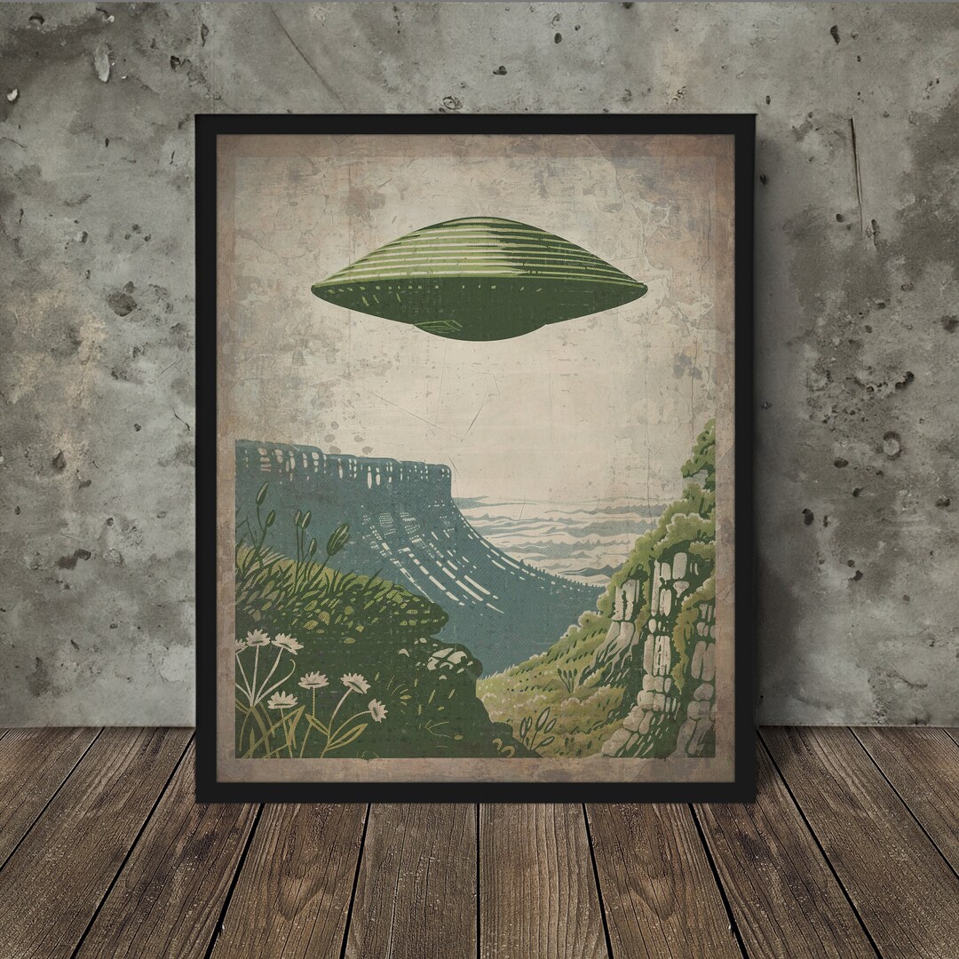 Retro UFO Landscape Wall Art, Flying Saucer Home Decor, UAP Nature Gift ...