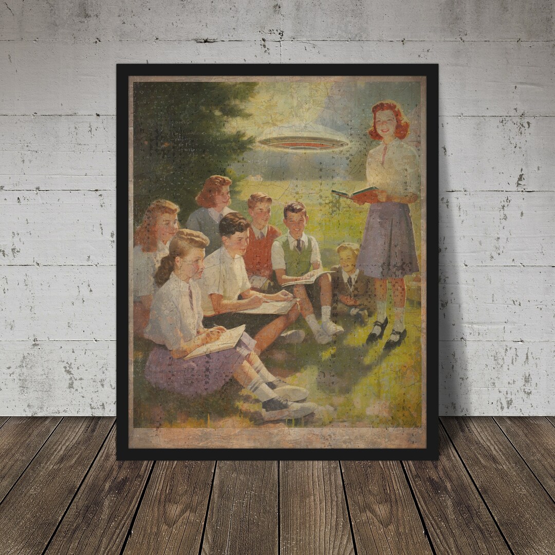 BACK to SCHOOL ALIEN Wall Art, Flying Saucer Schoolkids Recess Gift ...