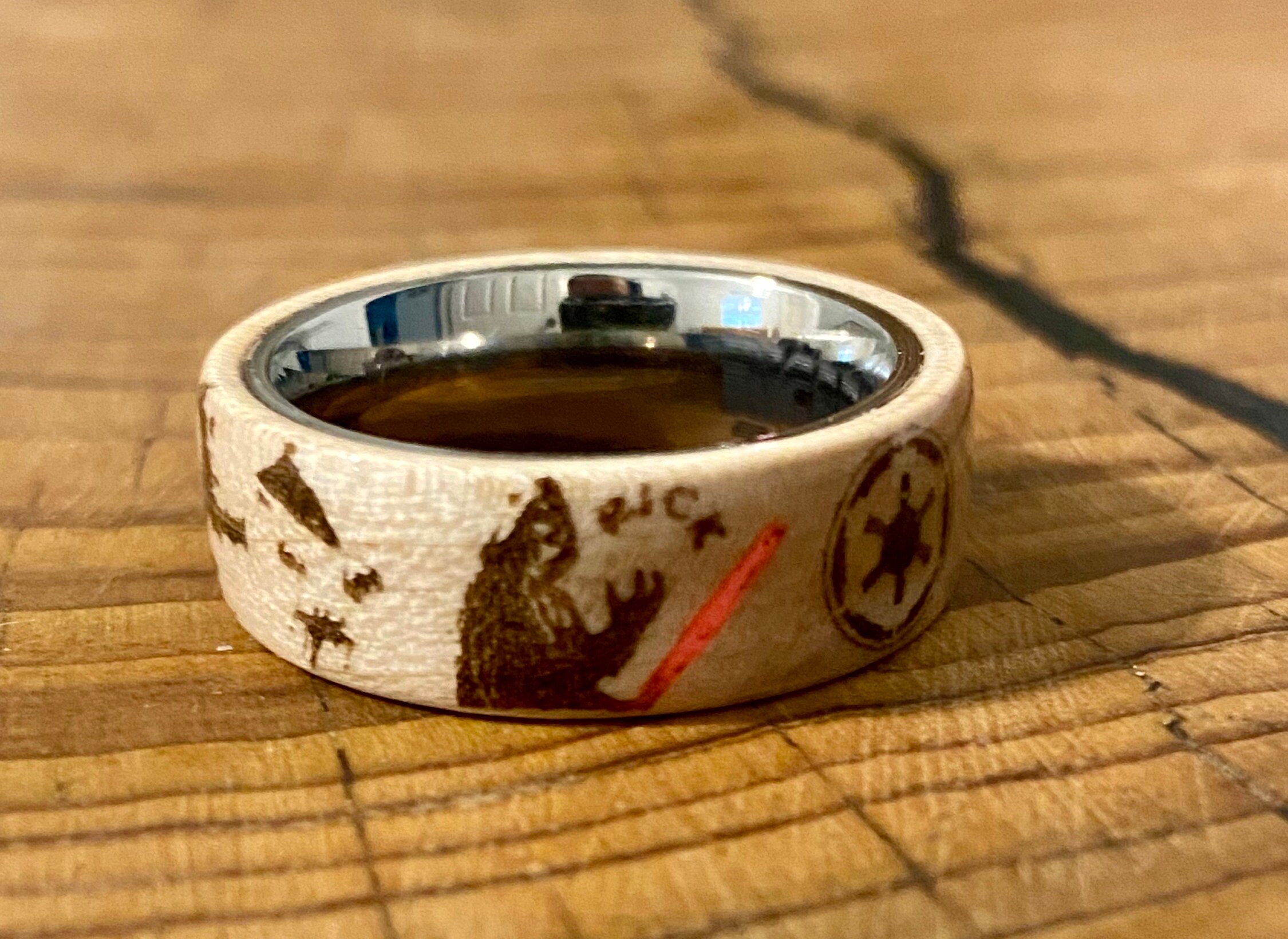 Titanium Glow Ring on Maple Wood Custom Personalized Star Wars Inspired Glow in the Dark Light ...