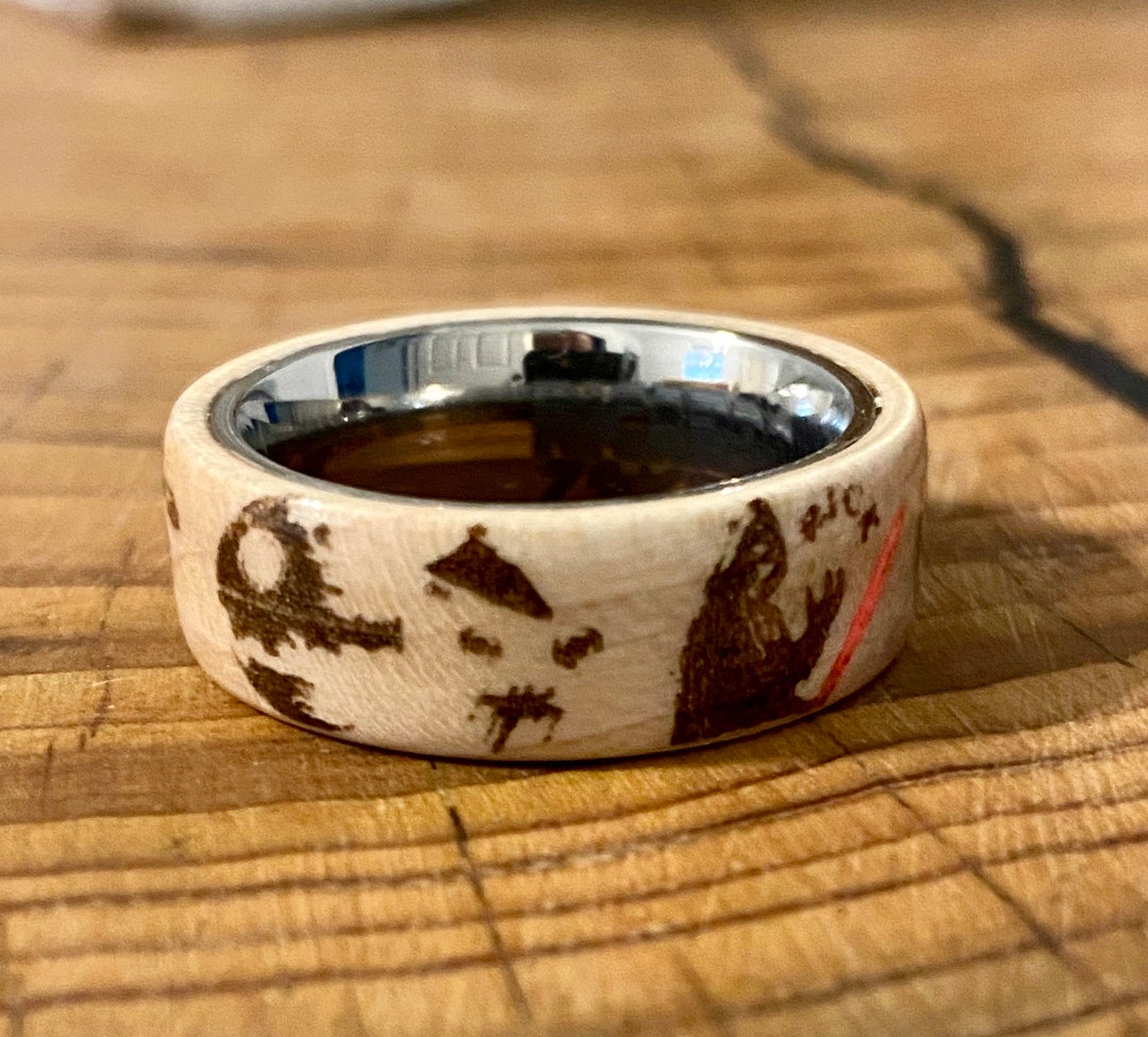 Titanium Glow Ring on Maple Wood Custom Personalized Star Wars Inspired Glow in the Dark Light ...