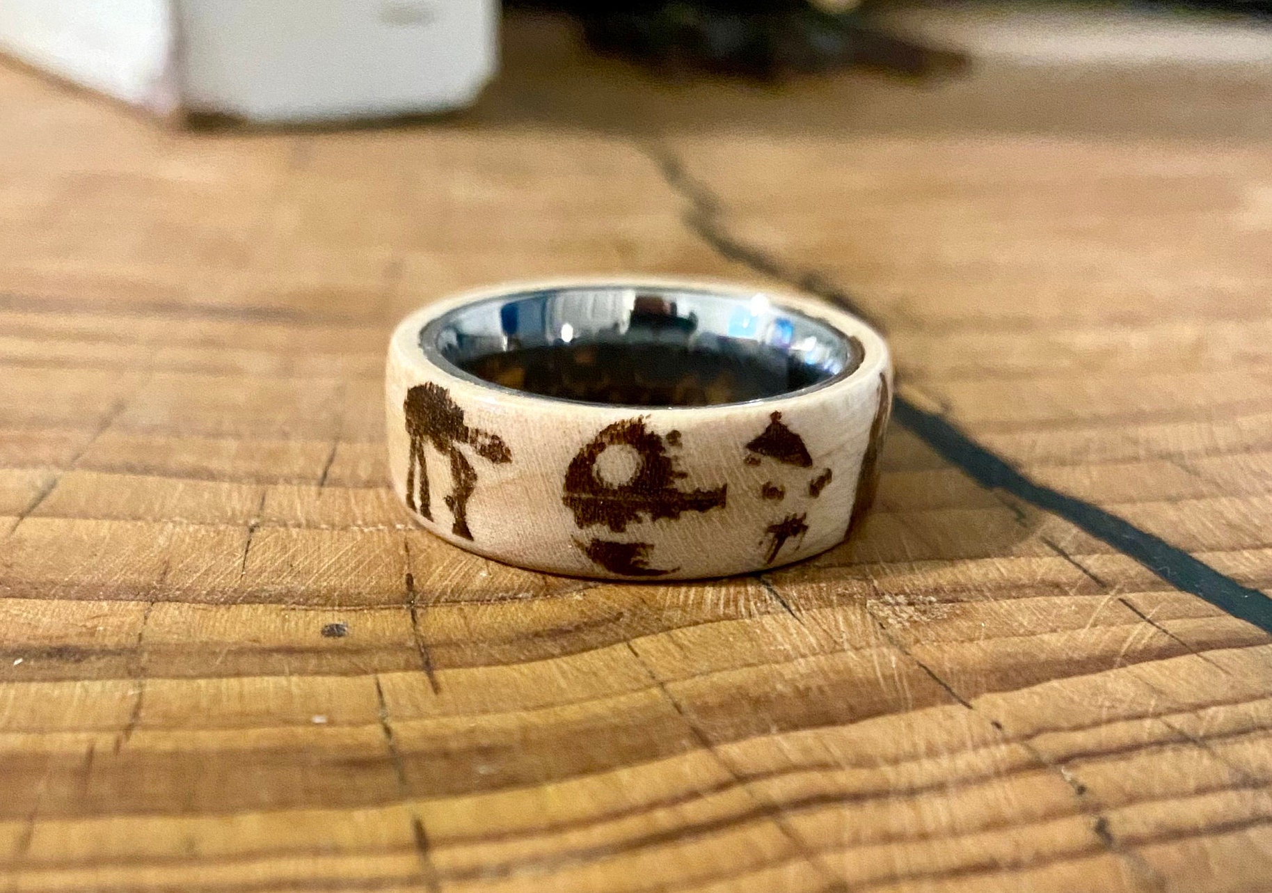 Titanium Glow Ring on Maple Wood Custom Personalized Star Wars Inspired Glow in the Dark Light ...