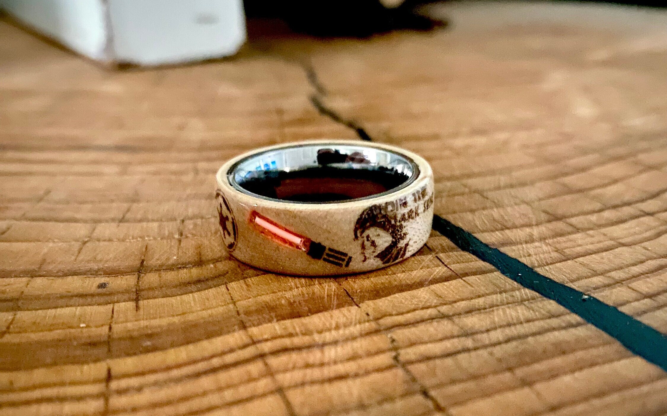 Titanium Glow Ring on Maple Wood Custom Personalized Star Wars Inspired Glow in the Dark Light ...