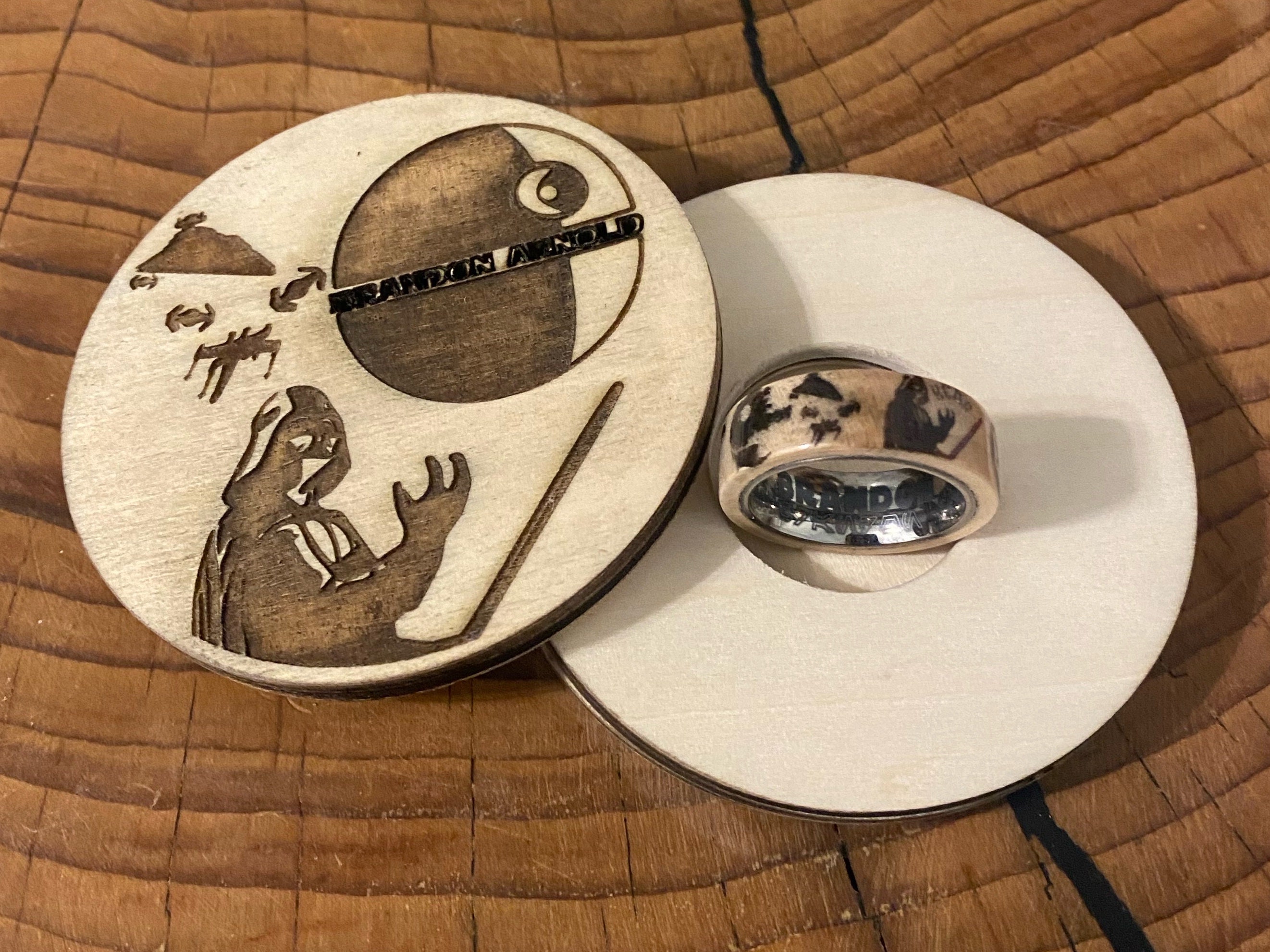 Titanium Glow Ring on Maple Wood Custom Personalized Star Wars Inspired Glow in the Dark Light ...