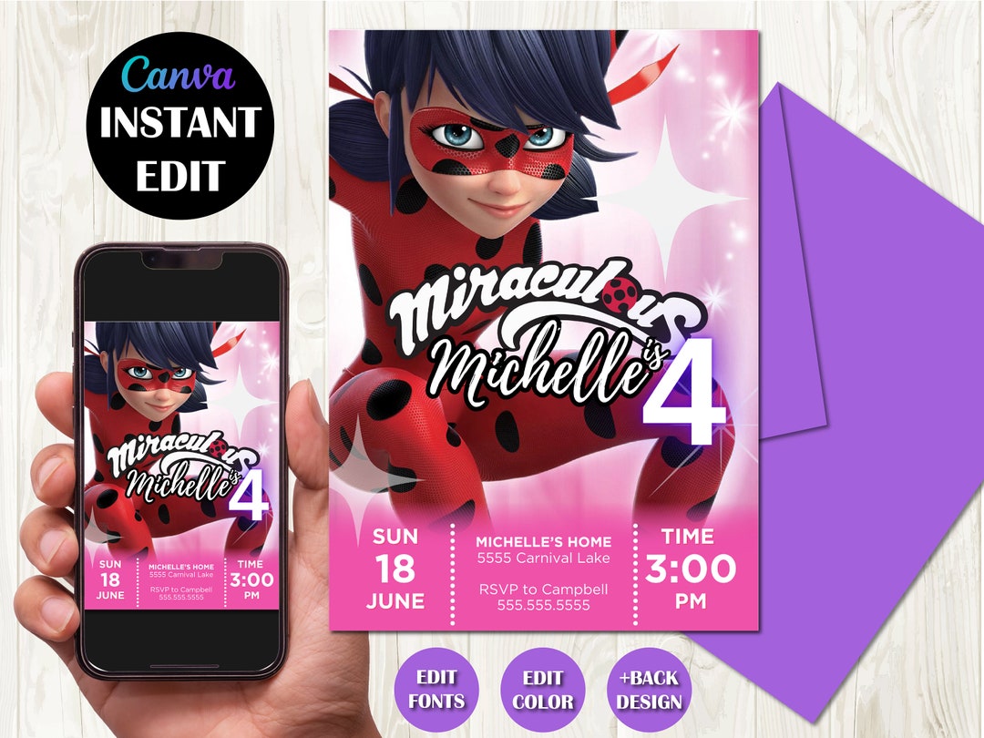 Miraculous Ladybug Lucky Charm Birthday Invitation Pink Personalize ...