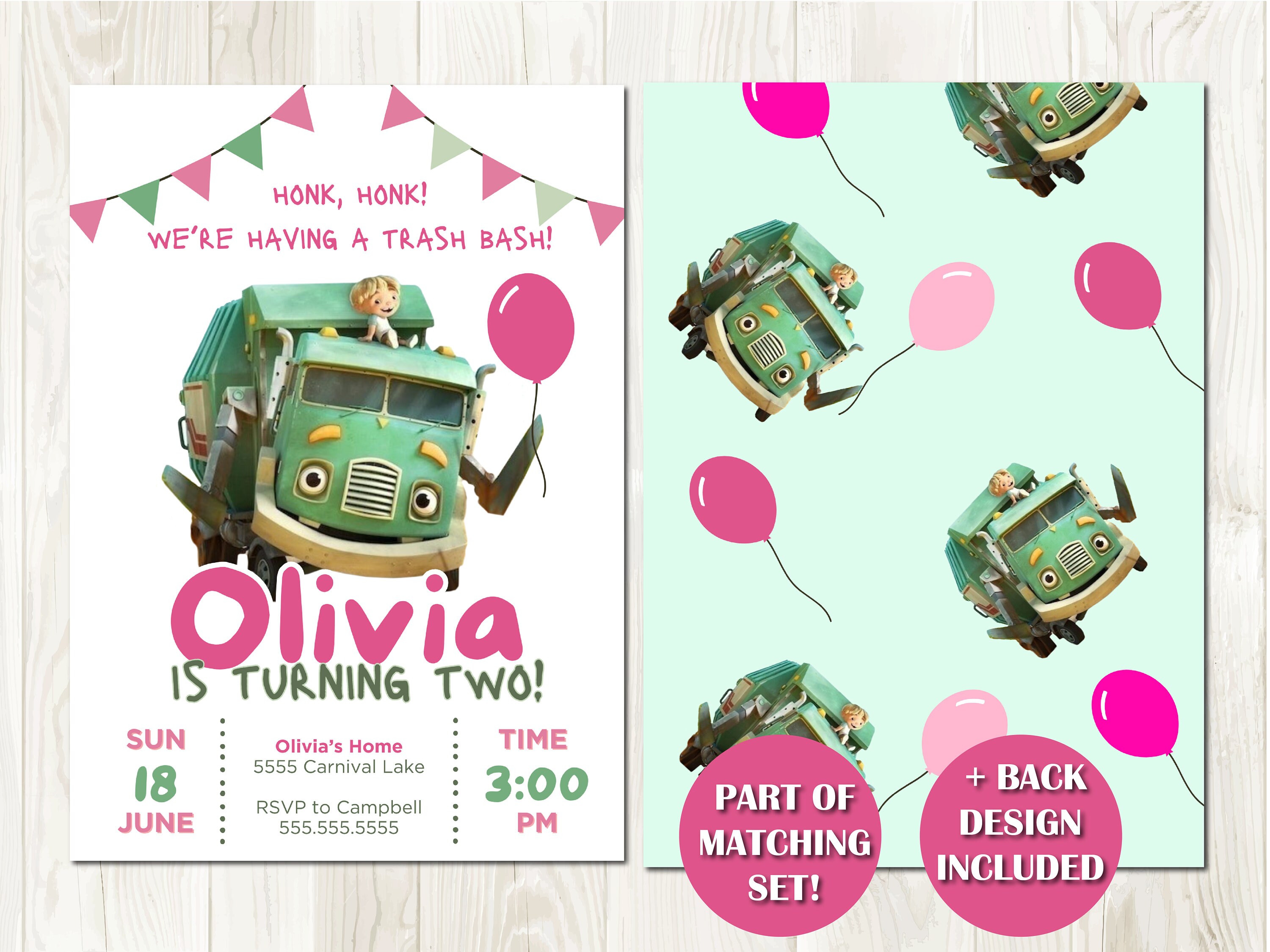 EDITABLE Trash Truck Pink / Green Invitation Personalize Instant Share ...
