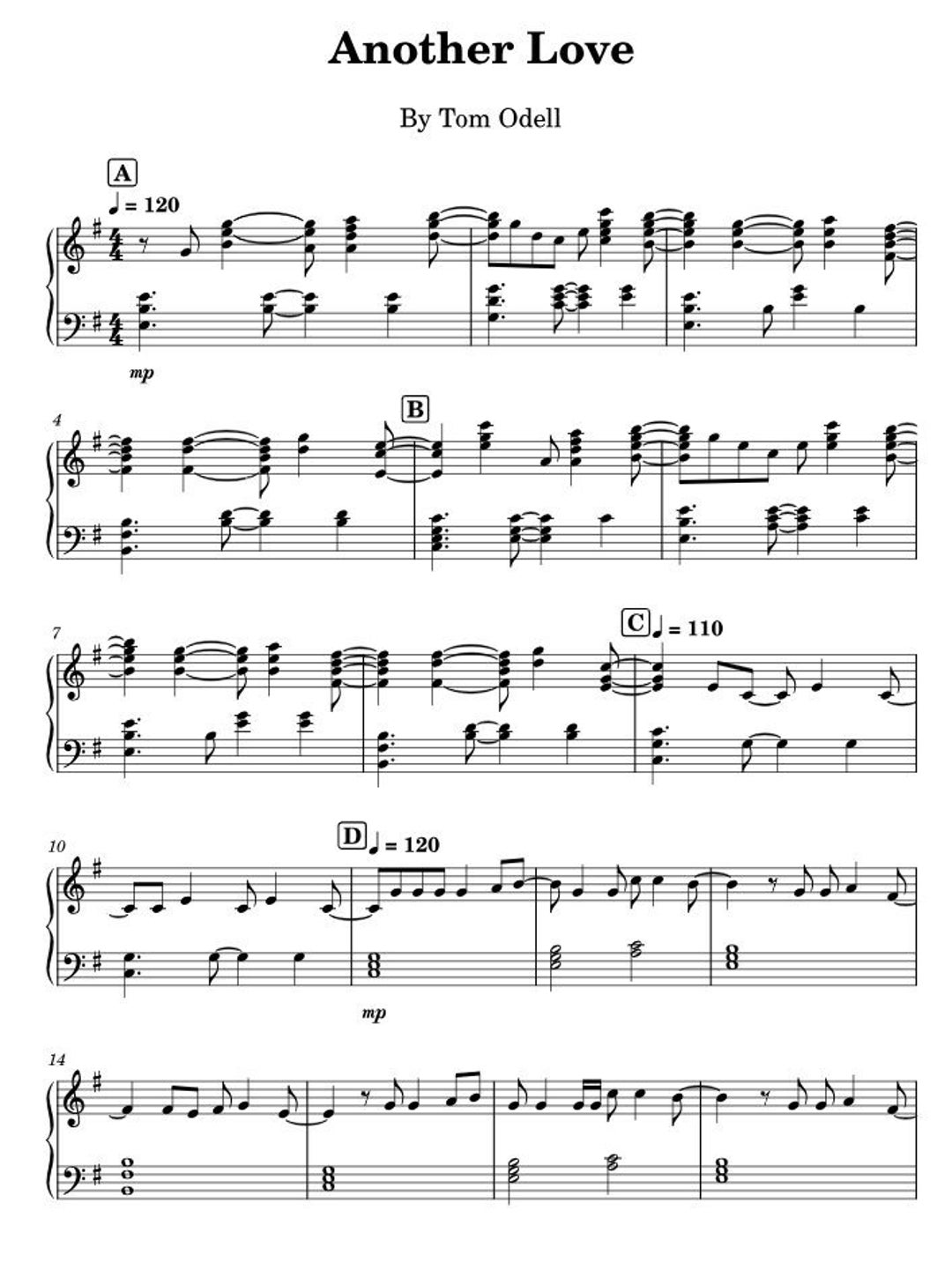 Another Love - Tom Odell Official Sheet Music Downloadable PDF - Etsy