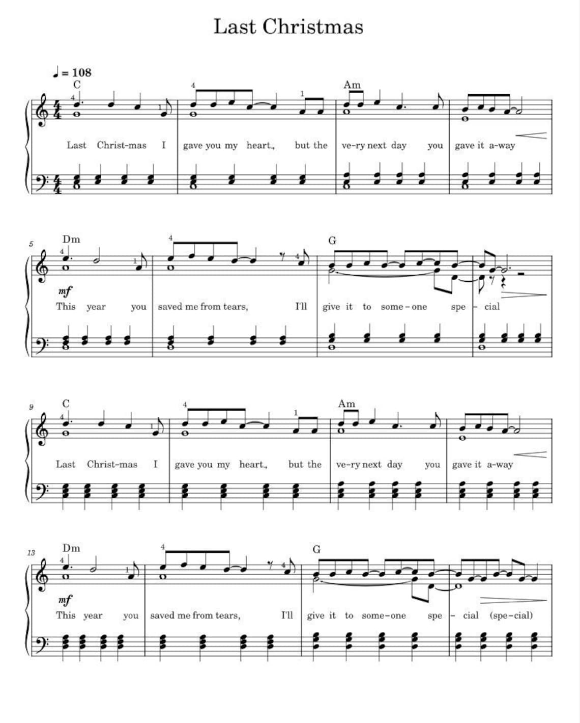 Last Christmas - Wham! Official Sheet Music Downloadable PDF - Etsy