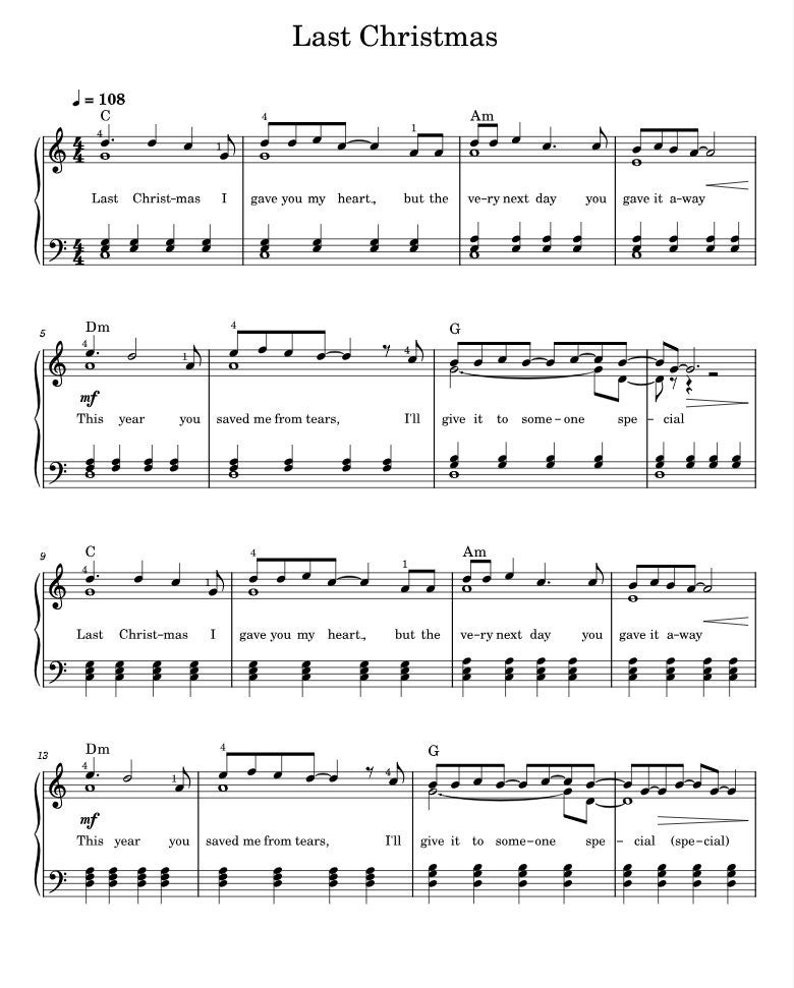 Last Christmas - Wham! Official Sheet Music Downloadable PDF - Etsy