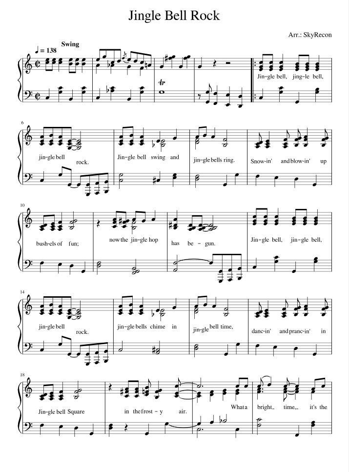 Jingle Bell Rock Bobby Helms Official Sheet Music Downloadable PDF - Etsy