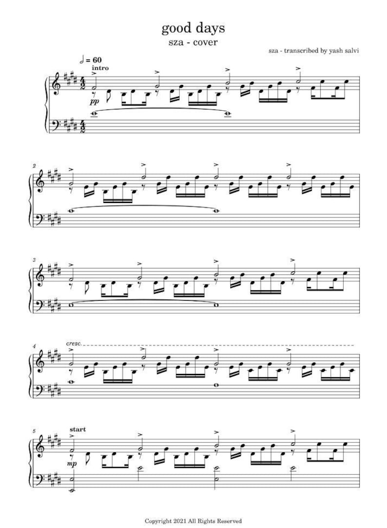 Good Days - SZA Official Sheet Music Downloadable PDF - Etsy