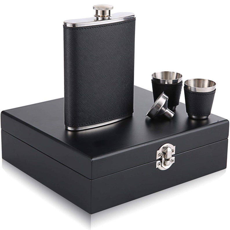 Personalized Leather Flask Gift Set for Men Custom Engraved Wood Box ...