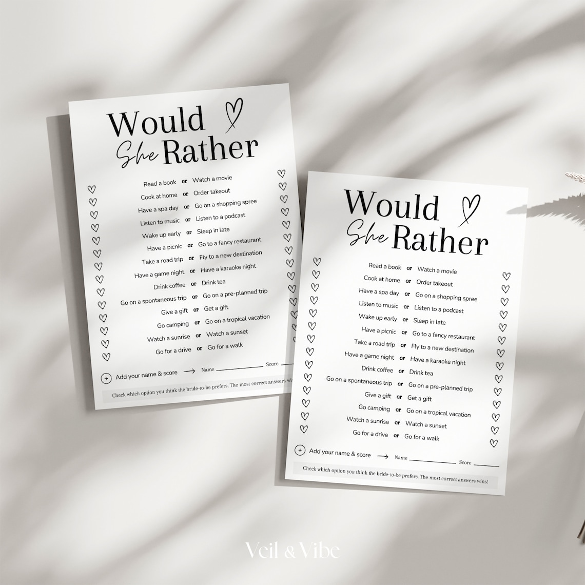 Would She Rather Bridal Shower Game Template Would Bride Rather Game ...