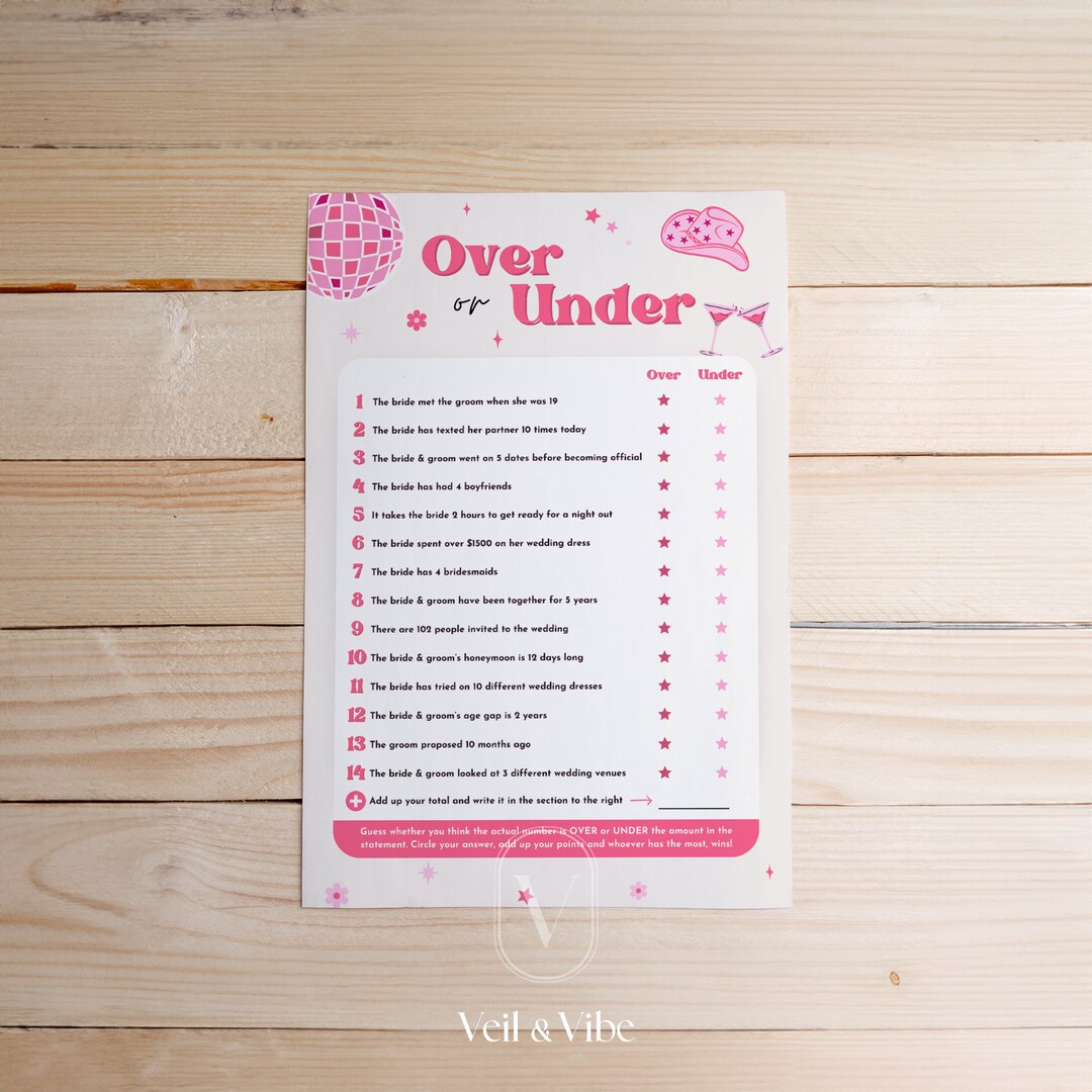 Over or Under Game Bachelorette Party Game Cowgirl Hen Party Game ...