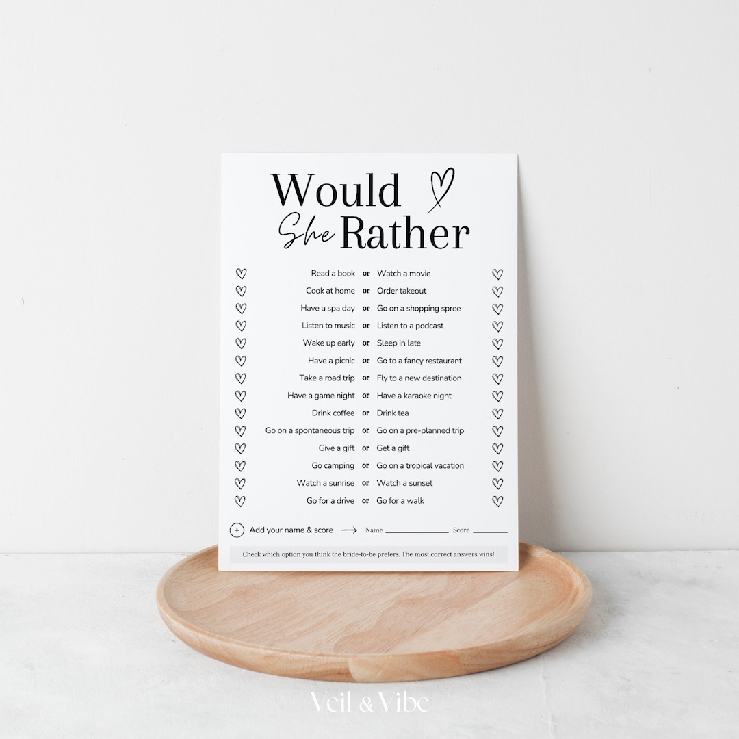Would She Rather Bridal Shower Game Template Printable Interactive Bride to Be Games Editable ...