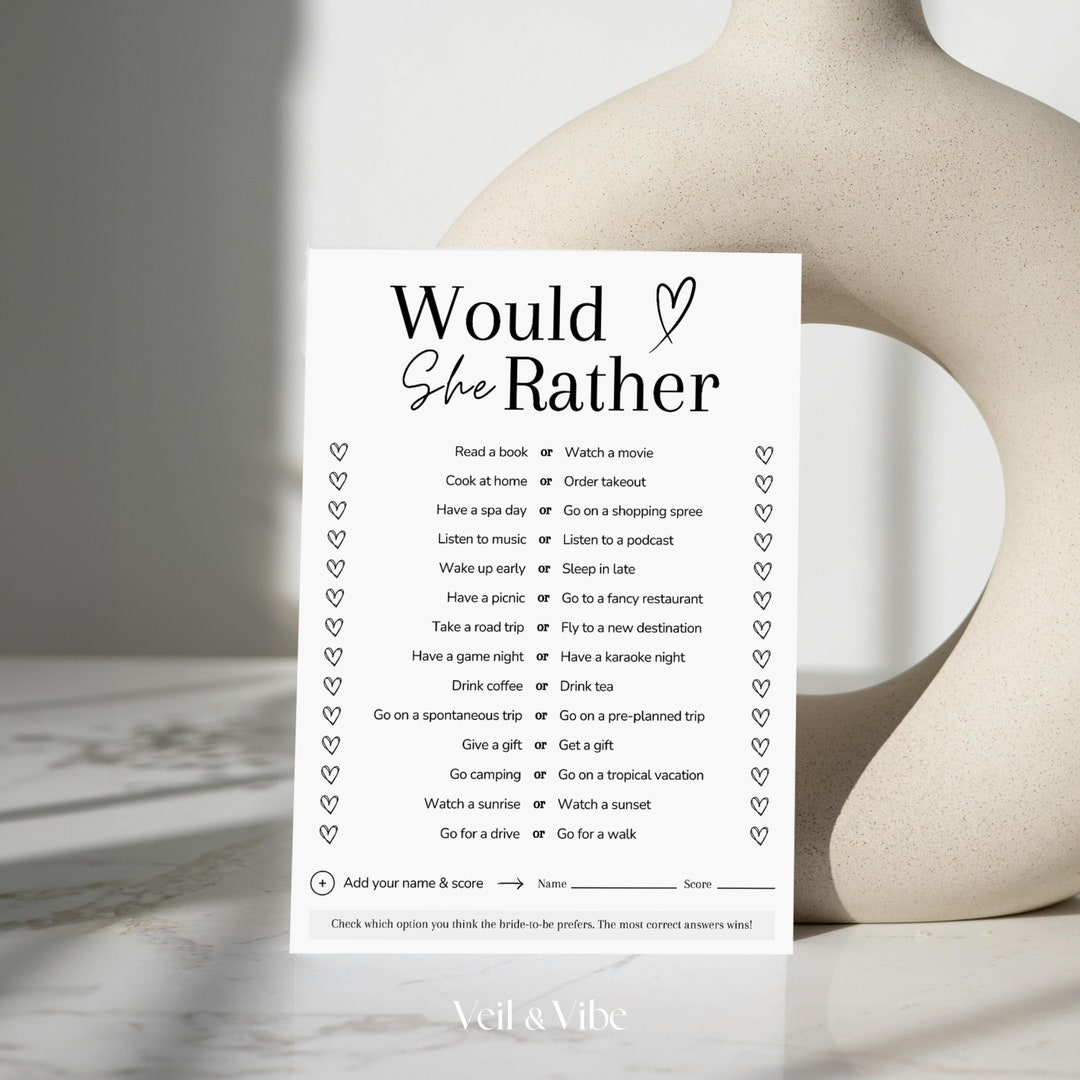 Would She Rather Bridal Shower Game Template Would Bride Rather Game ...