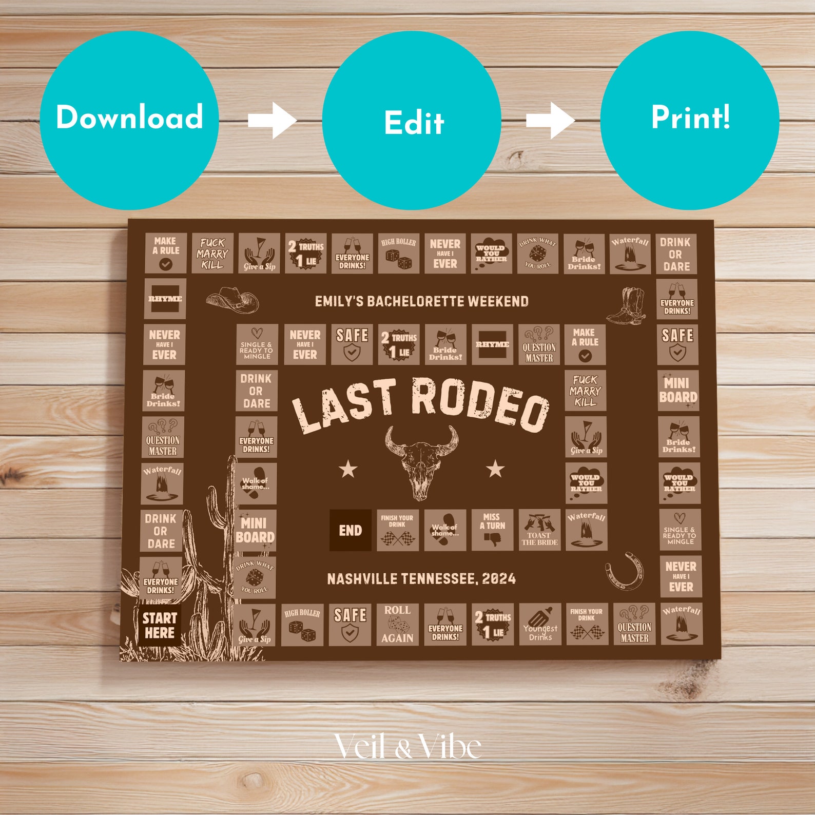 Last Rodeo Bachelorette Board Game Printable Game Western Drinking ...