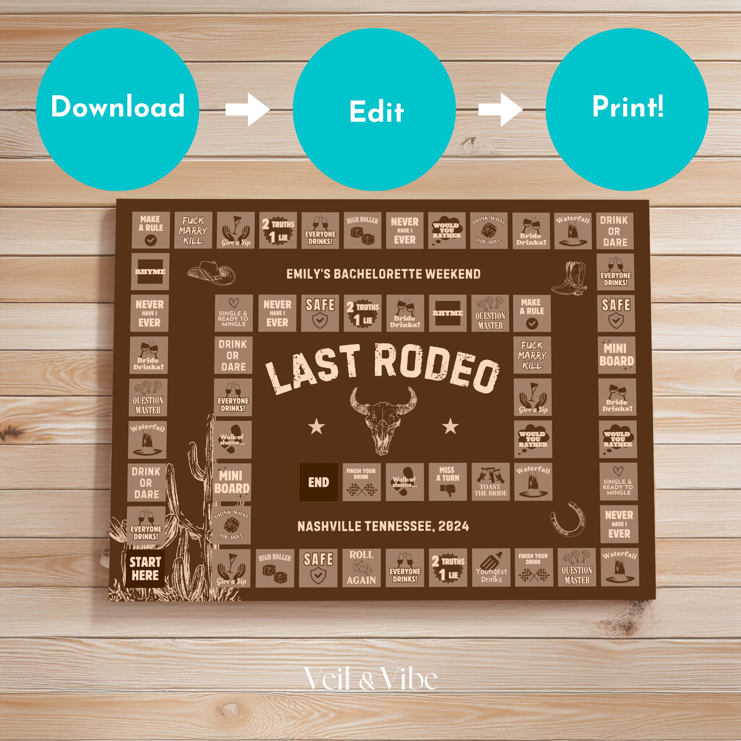 Last Rodeo Bachelorette Board Game Printable Game Western Drinking ...
