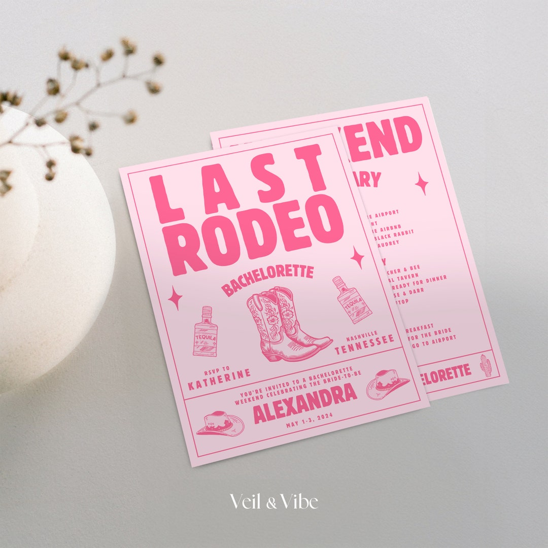 Cowgirl Bachelorette Pink Invitation Last Rodeo Hen Party Itinerary ...