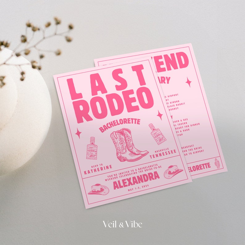 Cowgirl Bachelorette Pink Invitation Last Rodeo Hen Party Itinerary ...