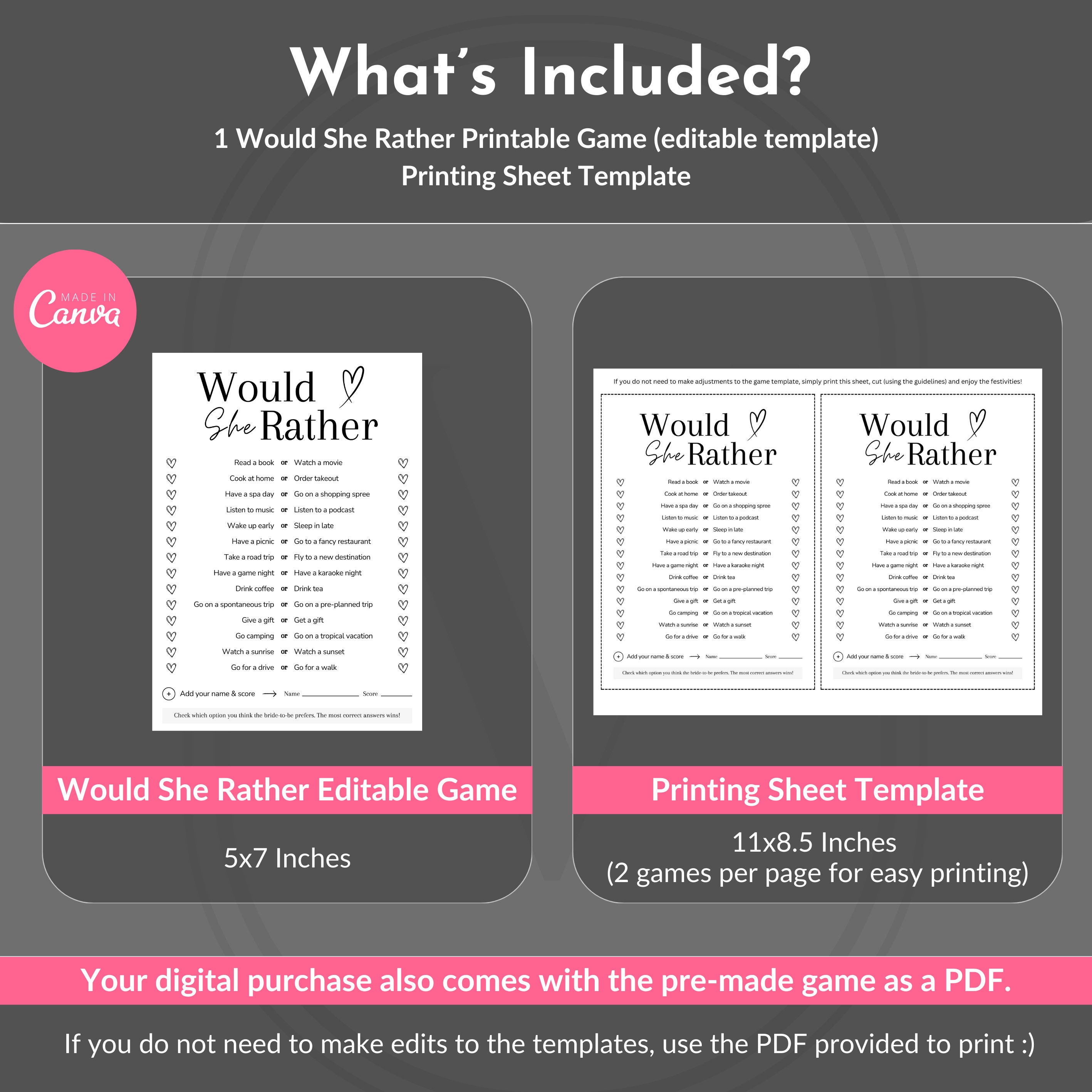 Would She Rather Bridal Shower Game Template Printable Interactive ...