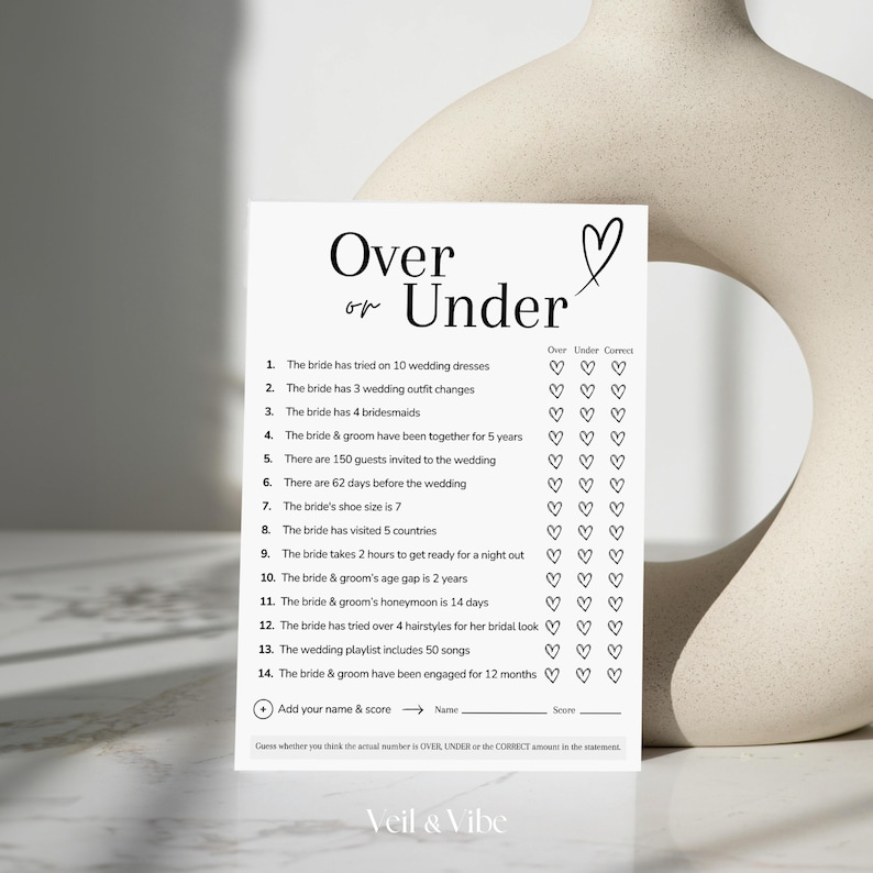 Bridal Shower Game Over or Under Bridal Games for Bridal Shower Games ...