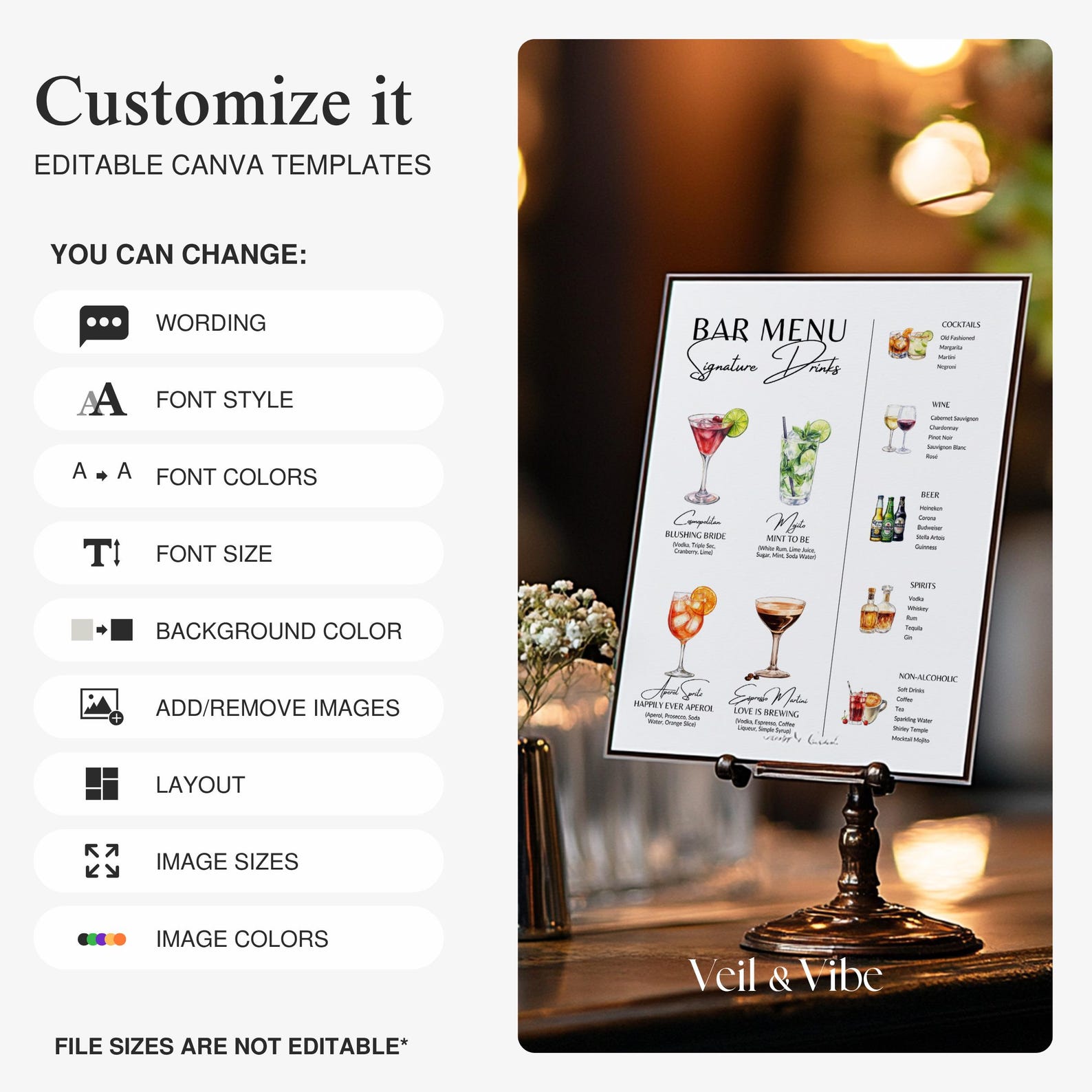 Wedding Signature Drink Menu Editable Bar Sign Canva Template Printable ...
