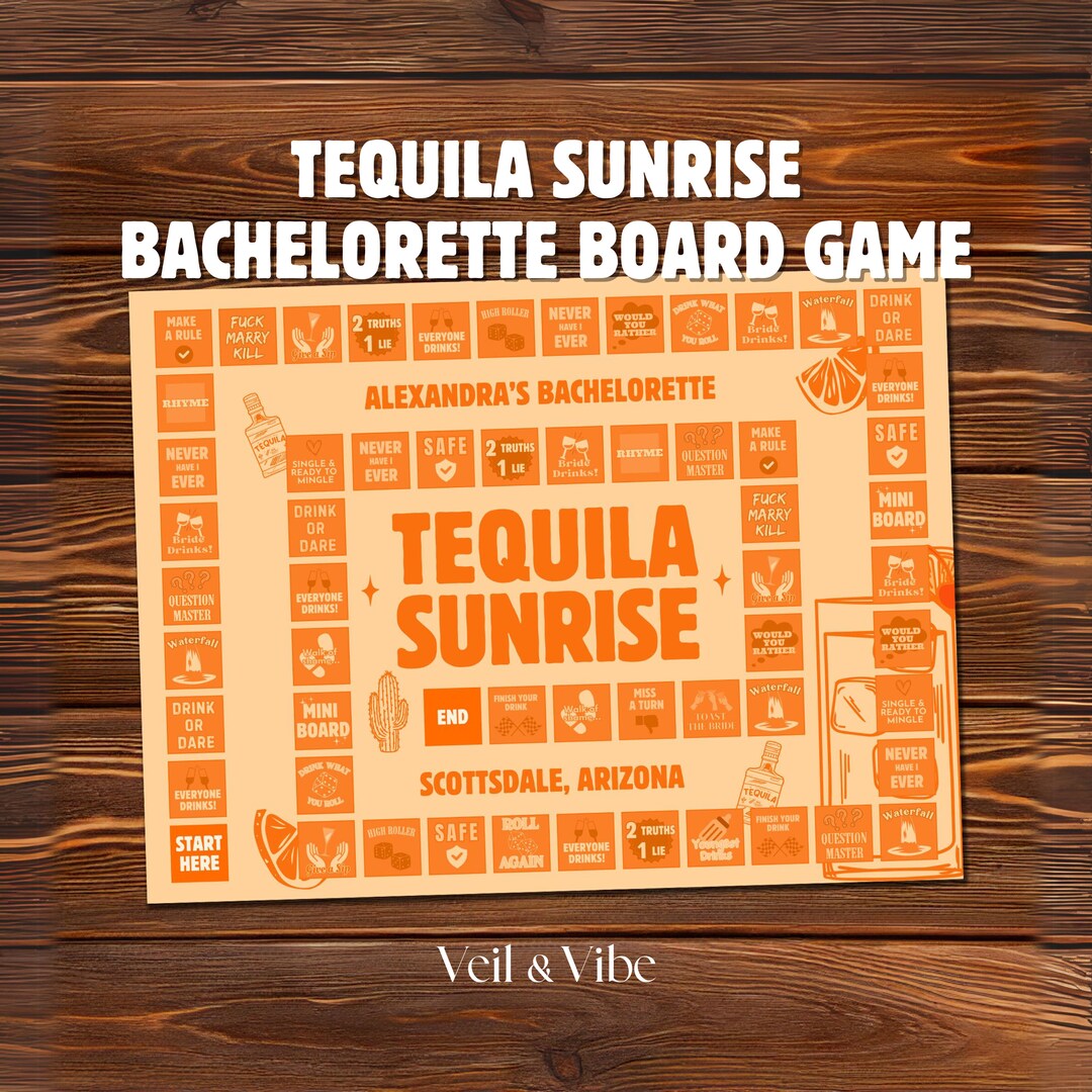 Tequila Sunrise Bachelorette Board Game Editable Bachelorette Drinking ...