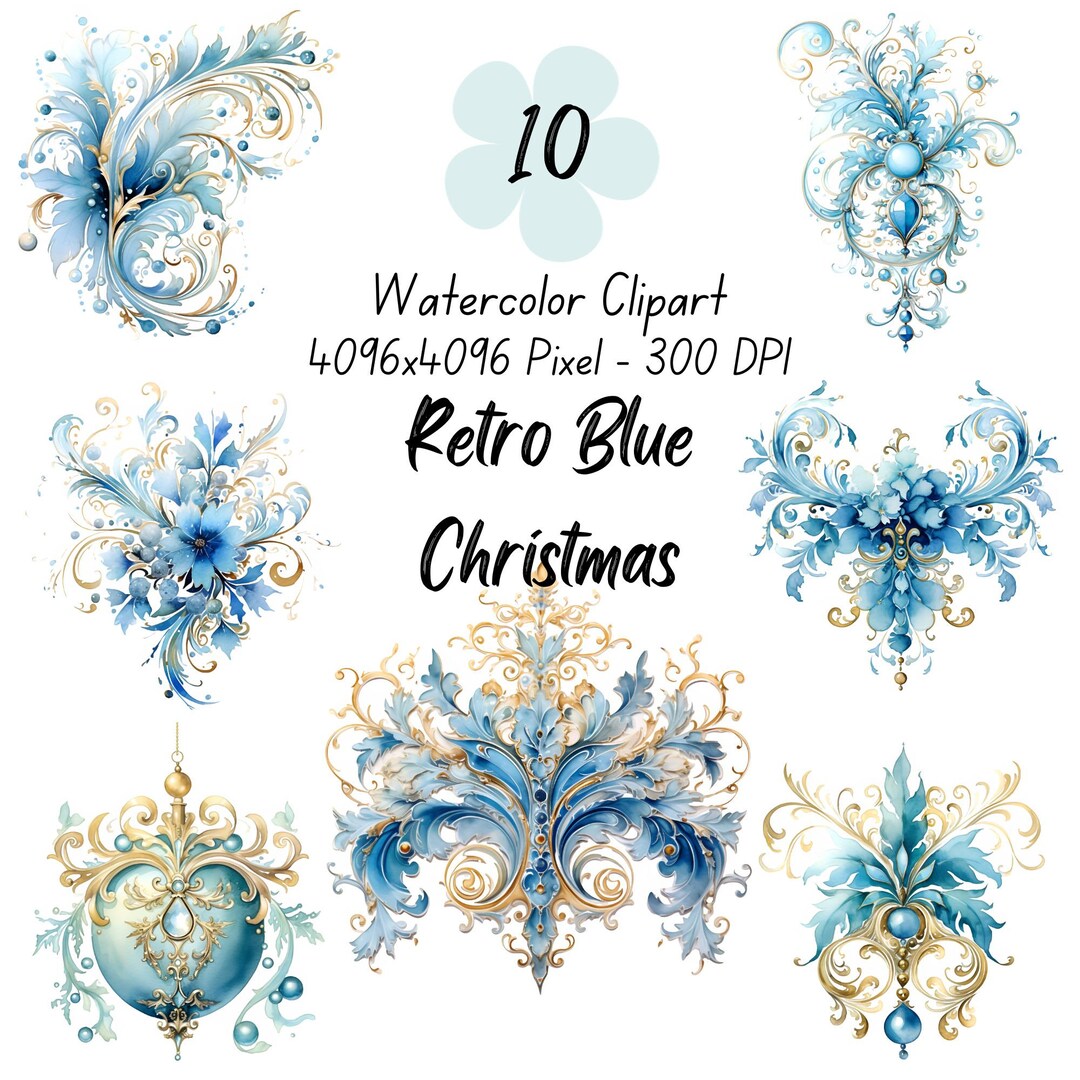 Blue Christmas Watercolor Clipart 10 PNG Format Instant - Etsy