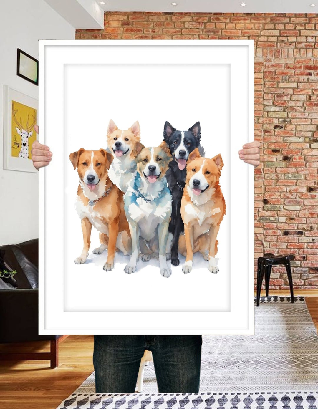 Custom Watercolor Five Pet Portrait - Hand-painted Multiple Dog ...
