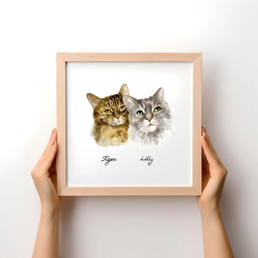 TWO PETS Portrait Watercolor Cats Portrait 2 Cats Portrait Painting of ...